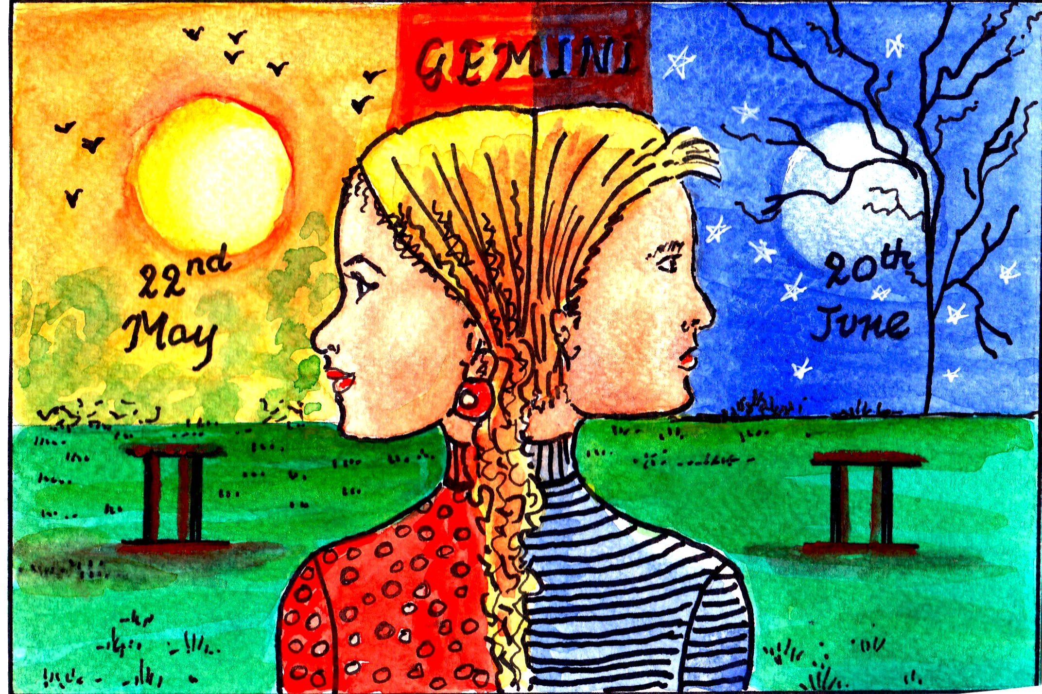 Gemini birthday card, astrological greetings card, zodiac gift idea.